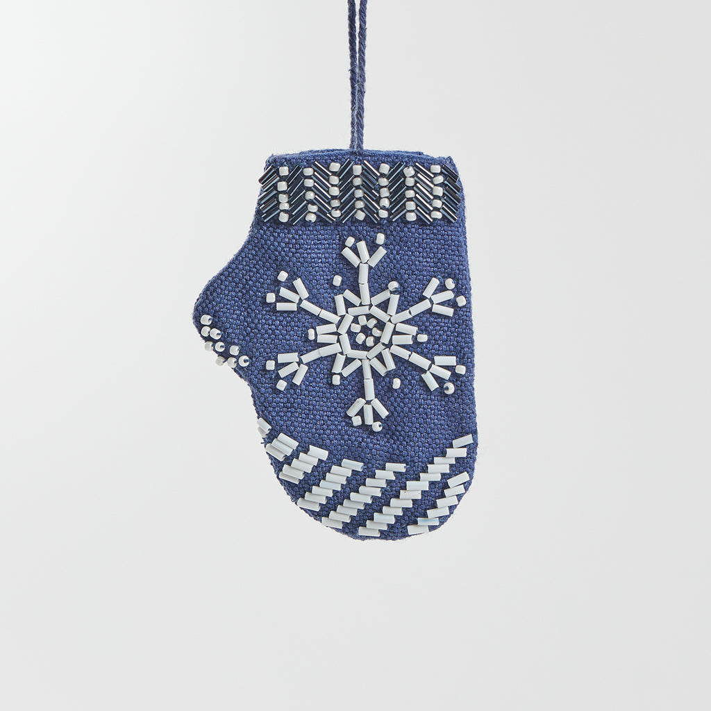 Hand-Embroidered Blue Linen Mini Beaded Snowflake Mitten Ornament – Craftspring