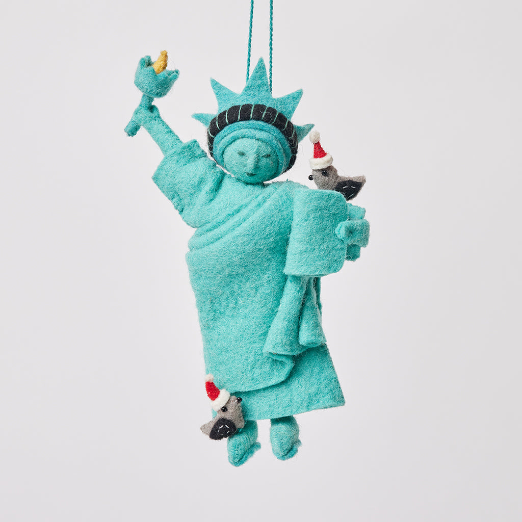 Hand Felted Gray Santa Pigeons on Green Statue of Liberty Ornament – Craftspring