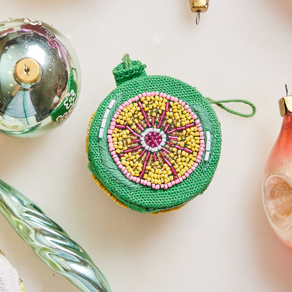 Hand Embroidered Green Chartreuse Linen Beaded Vintage Bauble Ornament ...