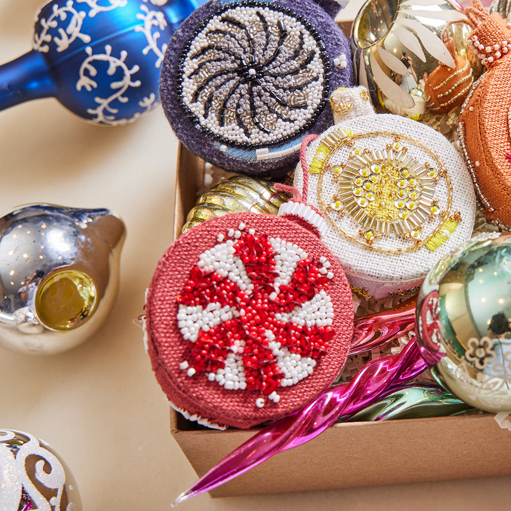 Hand Embroidered White Gold Linen Beaded Vintage Bauble Ornament ...