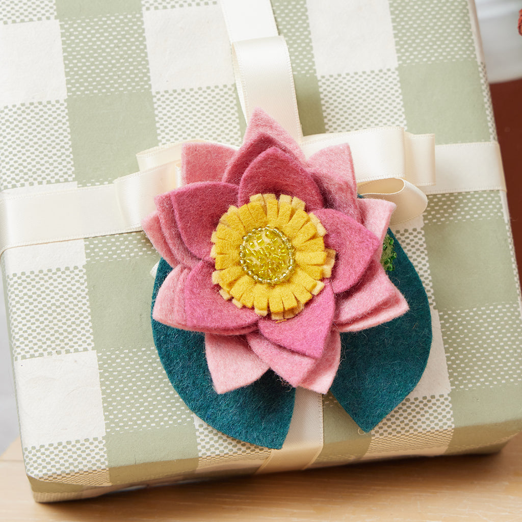 Hand Felted Pink & Yellow Lotus Flower w/ Green Petal Ornament ...