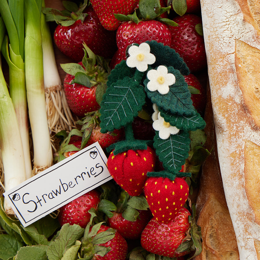 Hand Felted Red Strawberries w/ Green Leaves & Little White Flowers ...