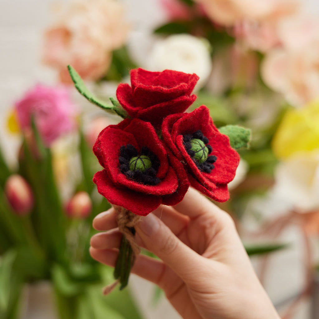 Hand Felted Red Poppy Flower Bouquet with Handblown Glass Vase Craftspring