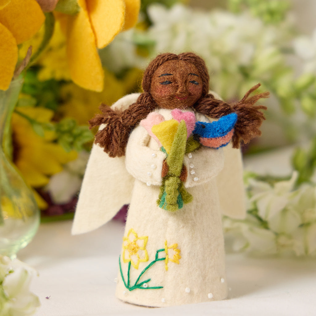 Hand Felted Spring Deep Brown Angel w/ Flower Bouquet & Bluebird ...