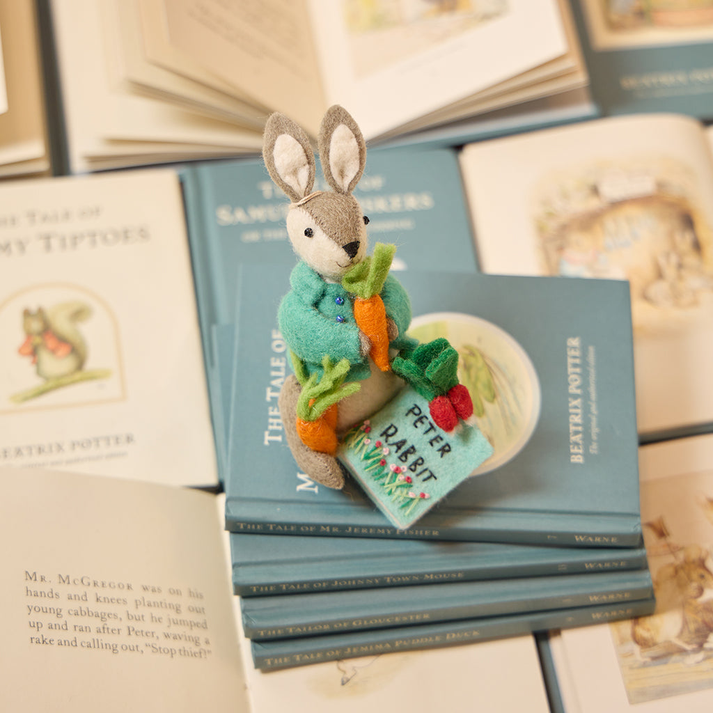 Hand Felted Gray Peter Rabbit Holding Carrots and a Book Ornament ...