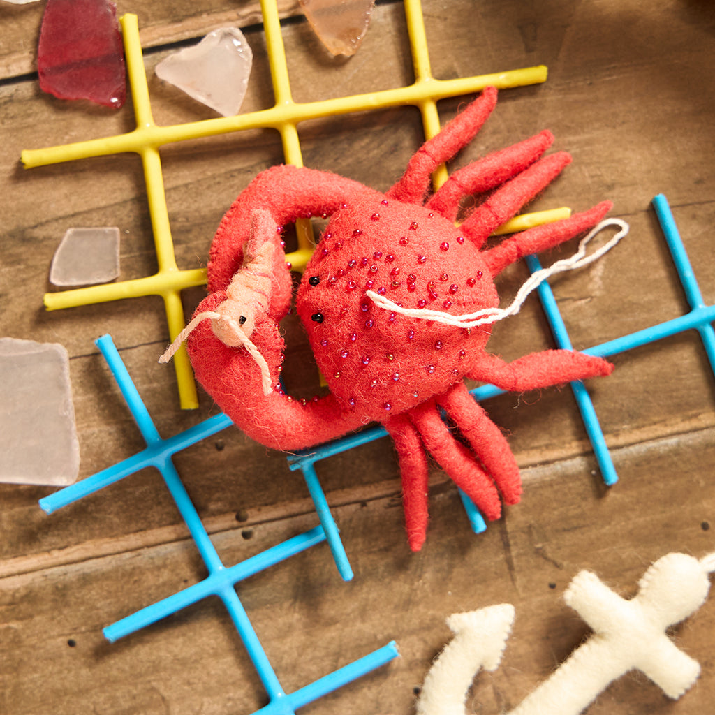 Hand Felted Beaded Red Crab Holding Prawn Shrimp on Its Claw Ornament ...