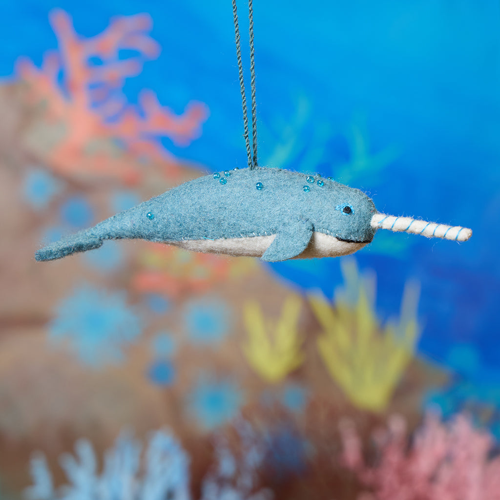 Hand-Felted and Beaded Blue Baby Narwhal Ornament – Craftspring