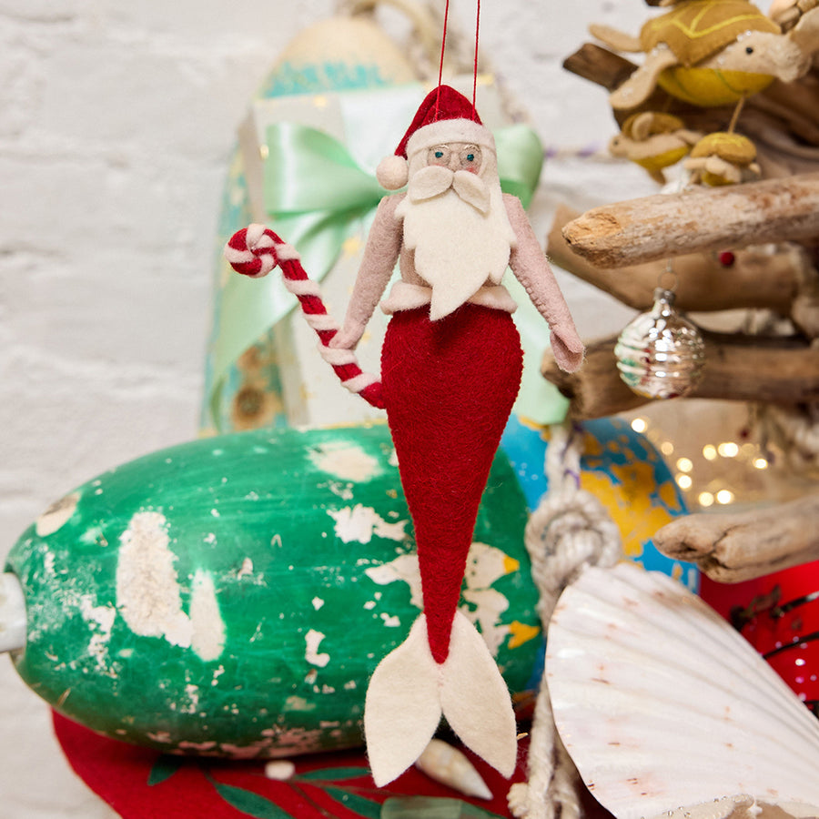 Hand Felted Red Santa Merman with Candy Cane Ornament – Craftspring