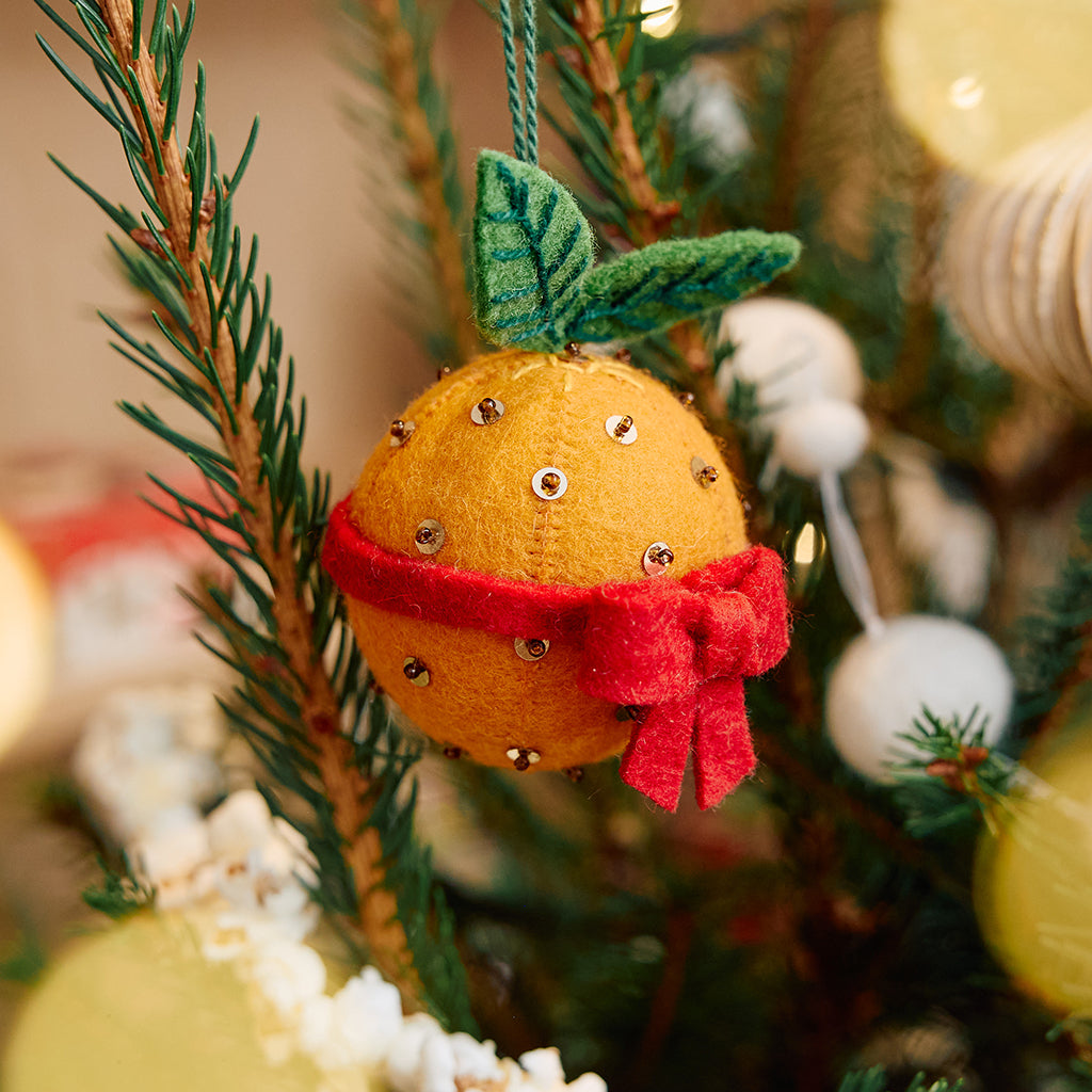 Hand Felted Beaded Festive Orange Pomander with Red Bow Ornament ...