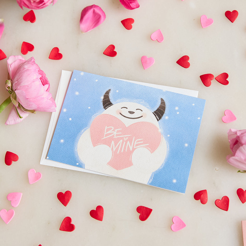 Custom Designed Be Mine Love Yeti Holding a Pink Heart Greeting Card ...