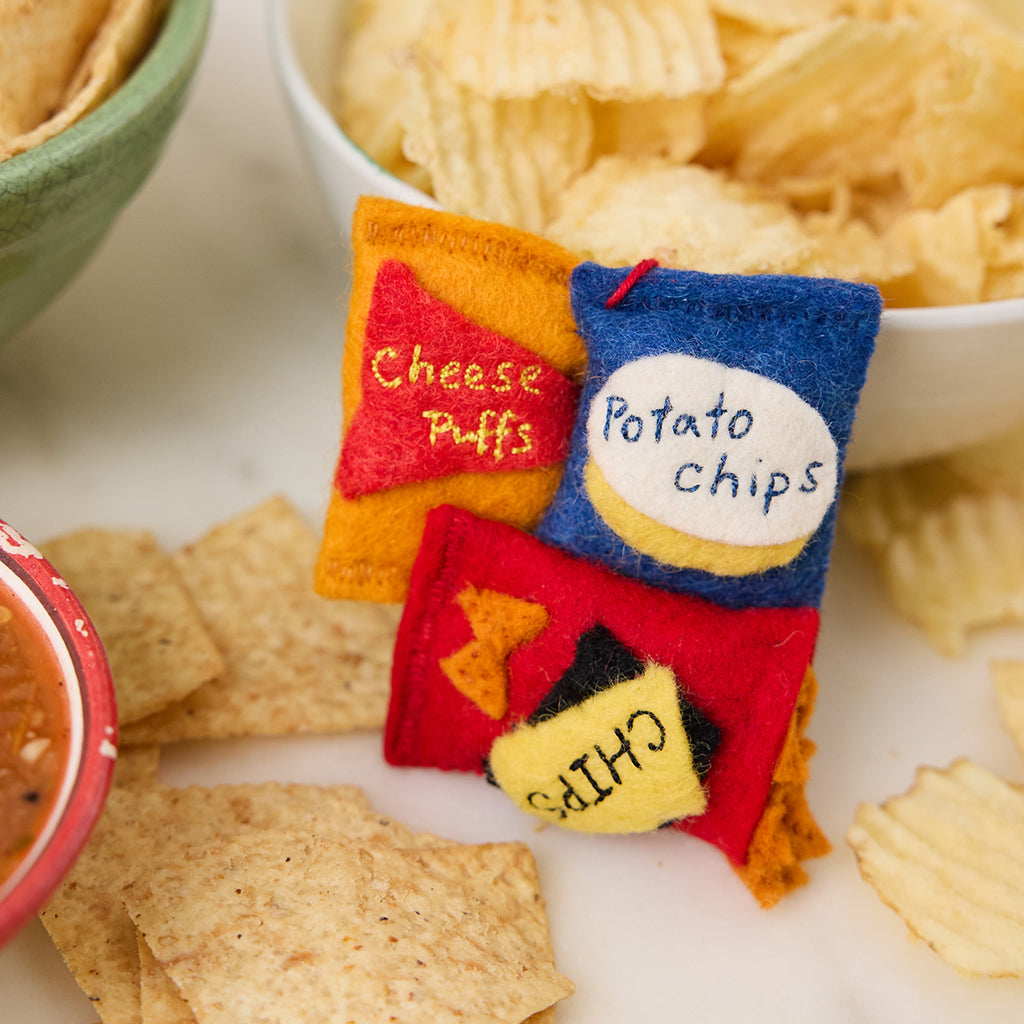 Hand Felted Colorful Bags of Potato Chips and Cheese Puffs Ornament ...