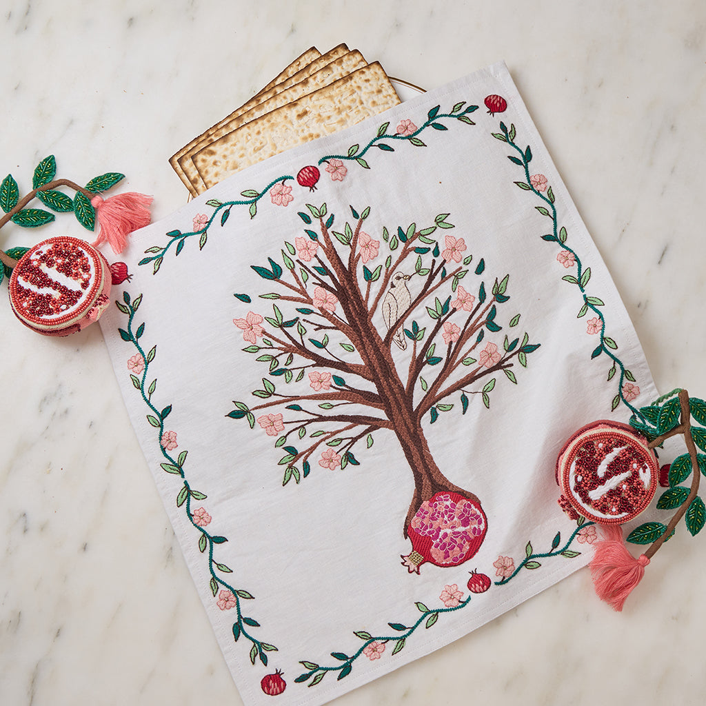 Embroidered Linen Matzo Cover with Pomegranate Tree & Silver Bird ...