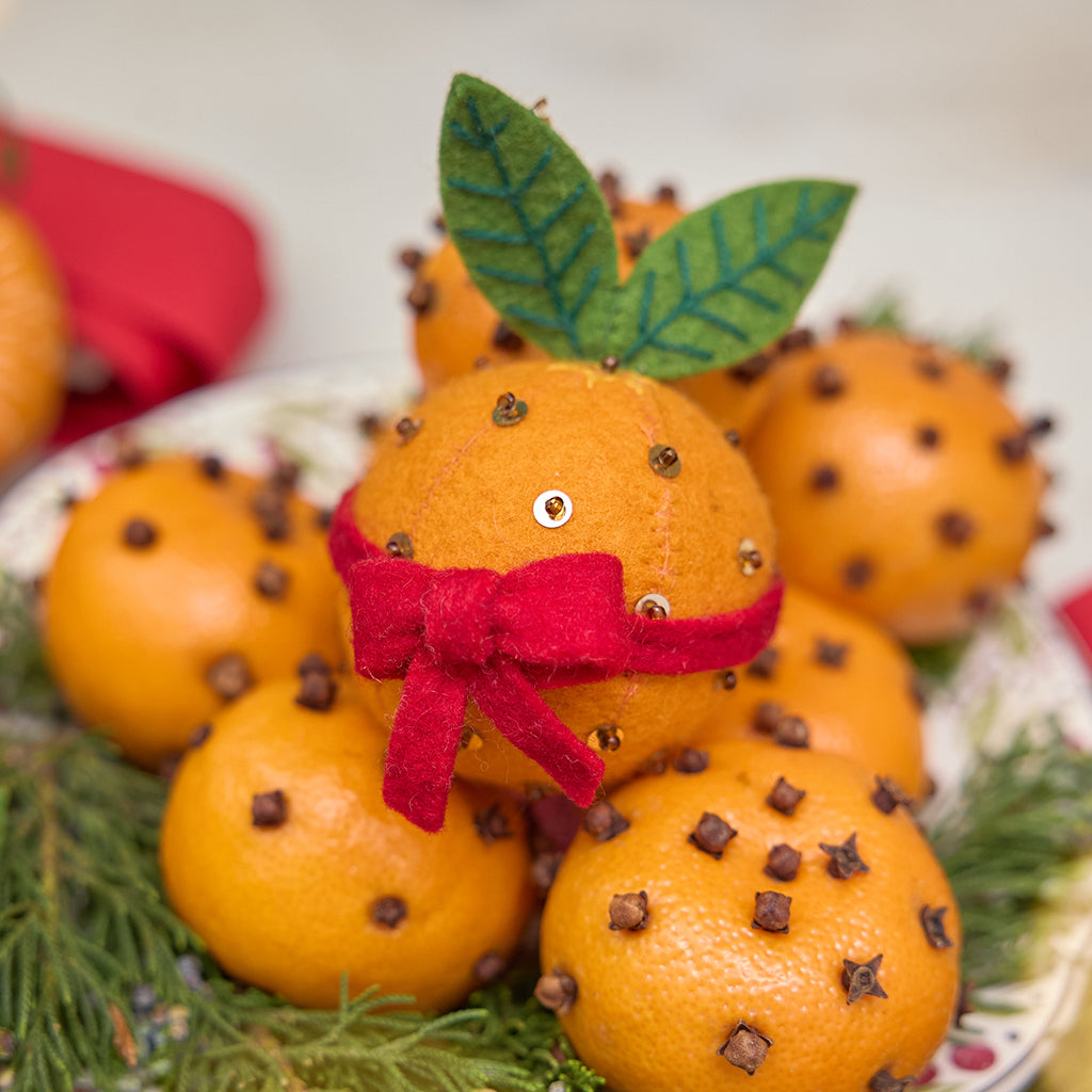 Hand Felted Beaded Festive Orange Pomander with Red Bow Ornament ...