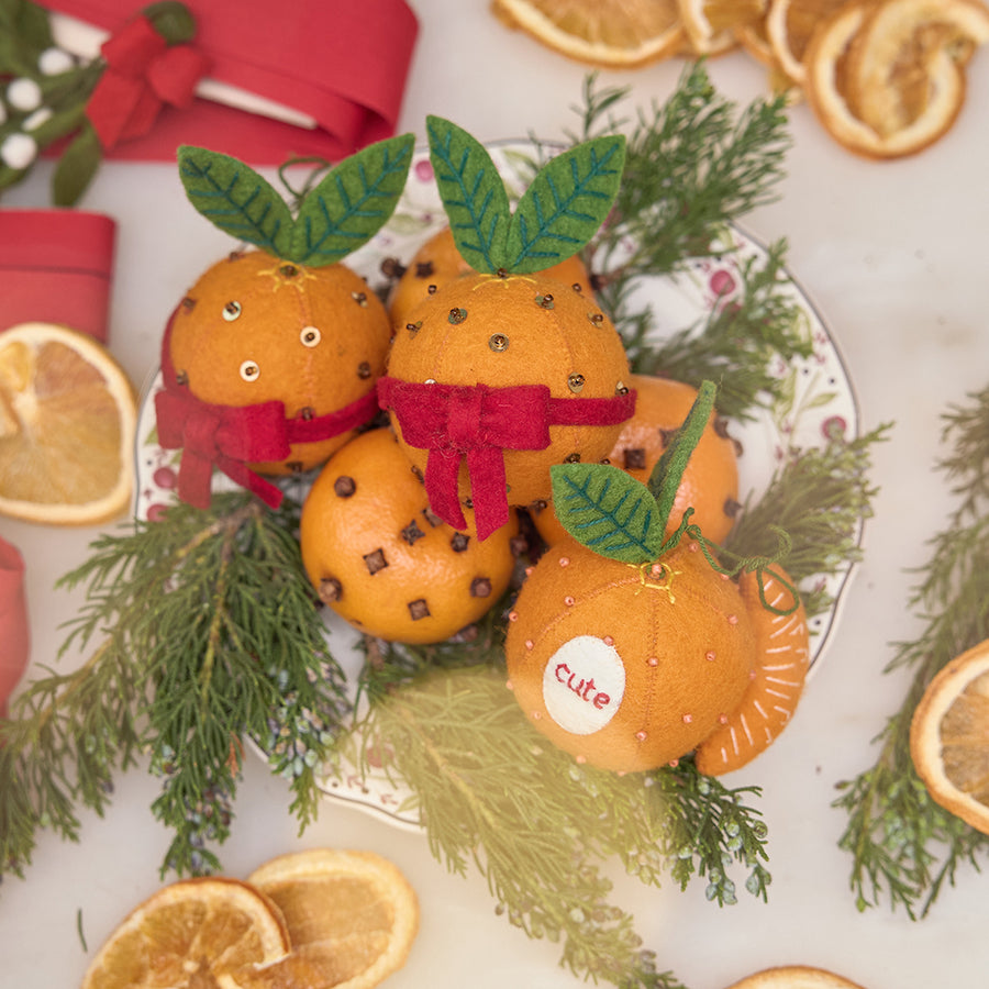 Hand Felted Beaded Festive Orange Pomander with Red Bow Ornament ...