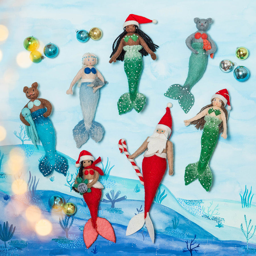 Hand Felted Grey & Teal White Beaded Mercat Mermaid with Fish Ornament ...