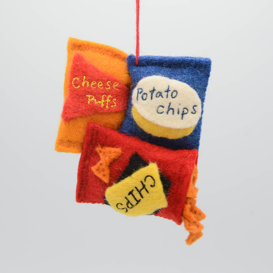 Hand Felted Colorful Bags of Potato Chips and Cheese Puffs Ornament ...