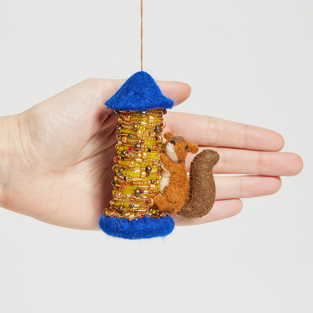 Hand Felted Beaded Brown Squirrel at the Blue Bird Feeder Ornament ...