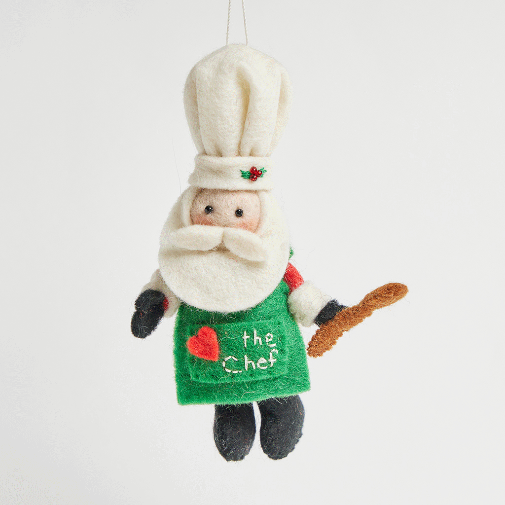 Hand Felted Chef Santa with Green Apron and Wooden Spon Ornament ...