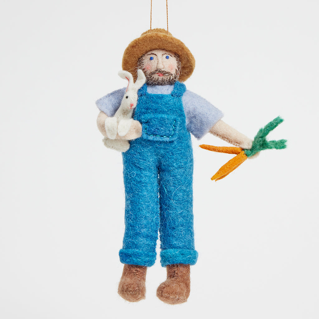 Hand Felted Blue Farmer in Blue Overalls Holding White Bunny & Carrots ...