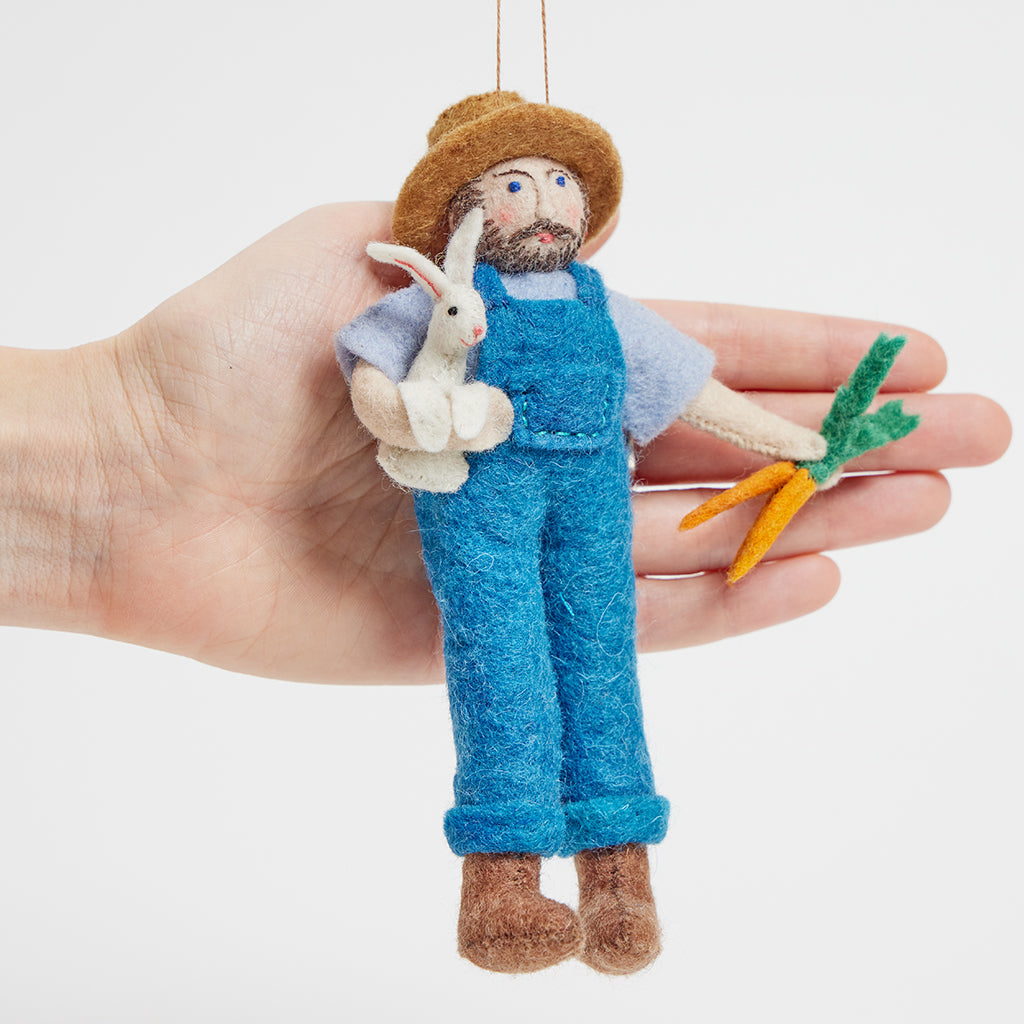 Hand Felted Blue Farmer in Blue Overalls Holding White Bunny & Carrots ...