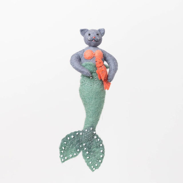 Hand Felted Grey & Teal White Beaded Mercat Mermaid with Fish Ornament ...
