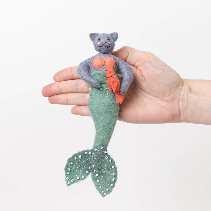 Hand Felted Grey & Teal White Beaded Mercat Mermaid with Fish Ornament ...