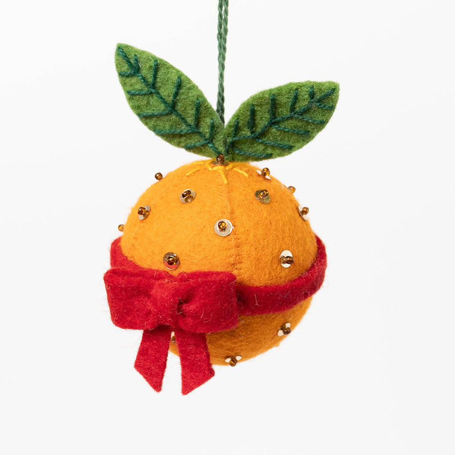 Hand Felted Beaded Festive Orange Pomander with Red Bow Ornament ...