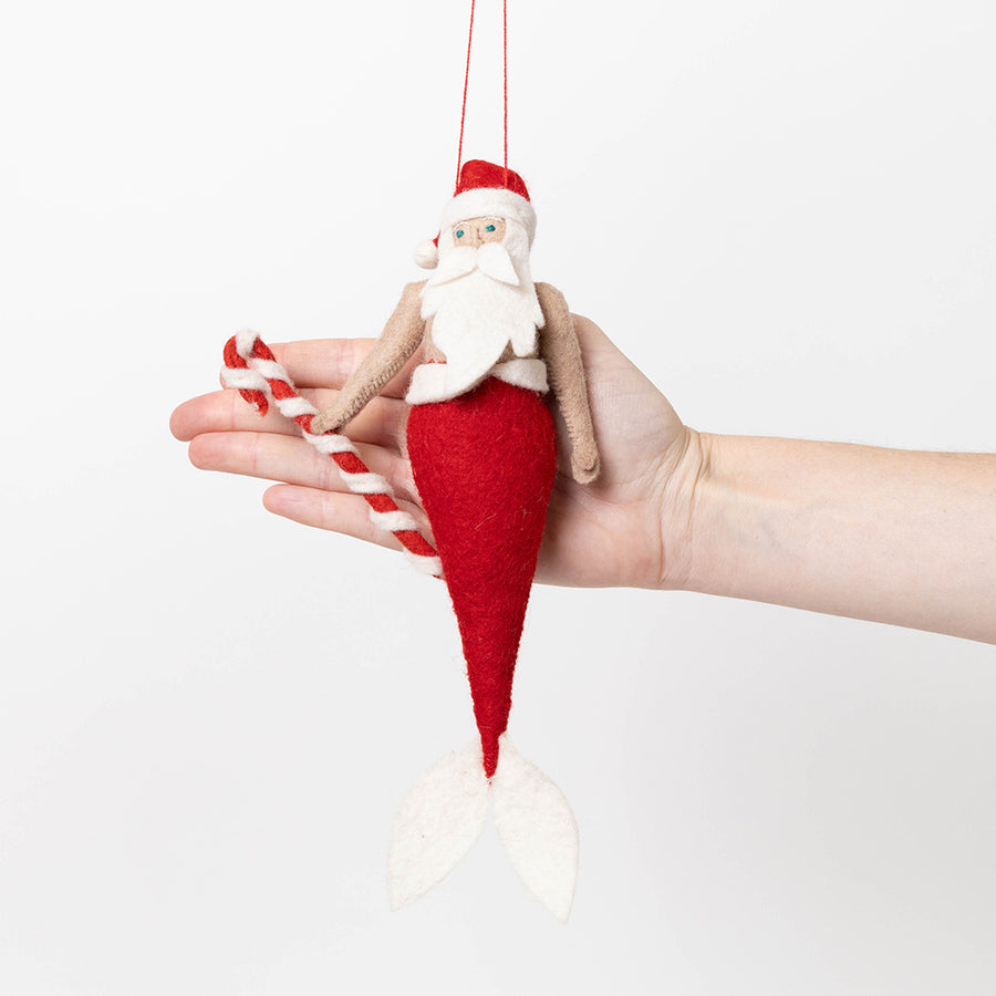 Hand Felted Red Santa Merman with Candy Cane Ornament – Craftspring
