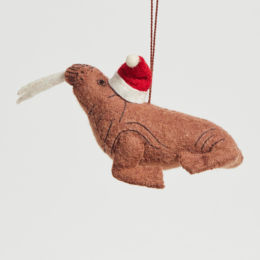 Hand Felted Brown Walrus with Red Santa Hat Ornament – Craftspring
