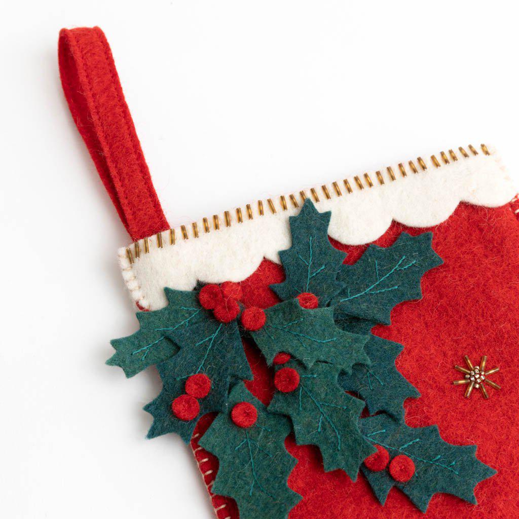 Hand Felted and Embroidered Red Festive Holly Stocking – Craftspring