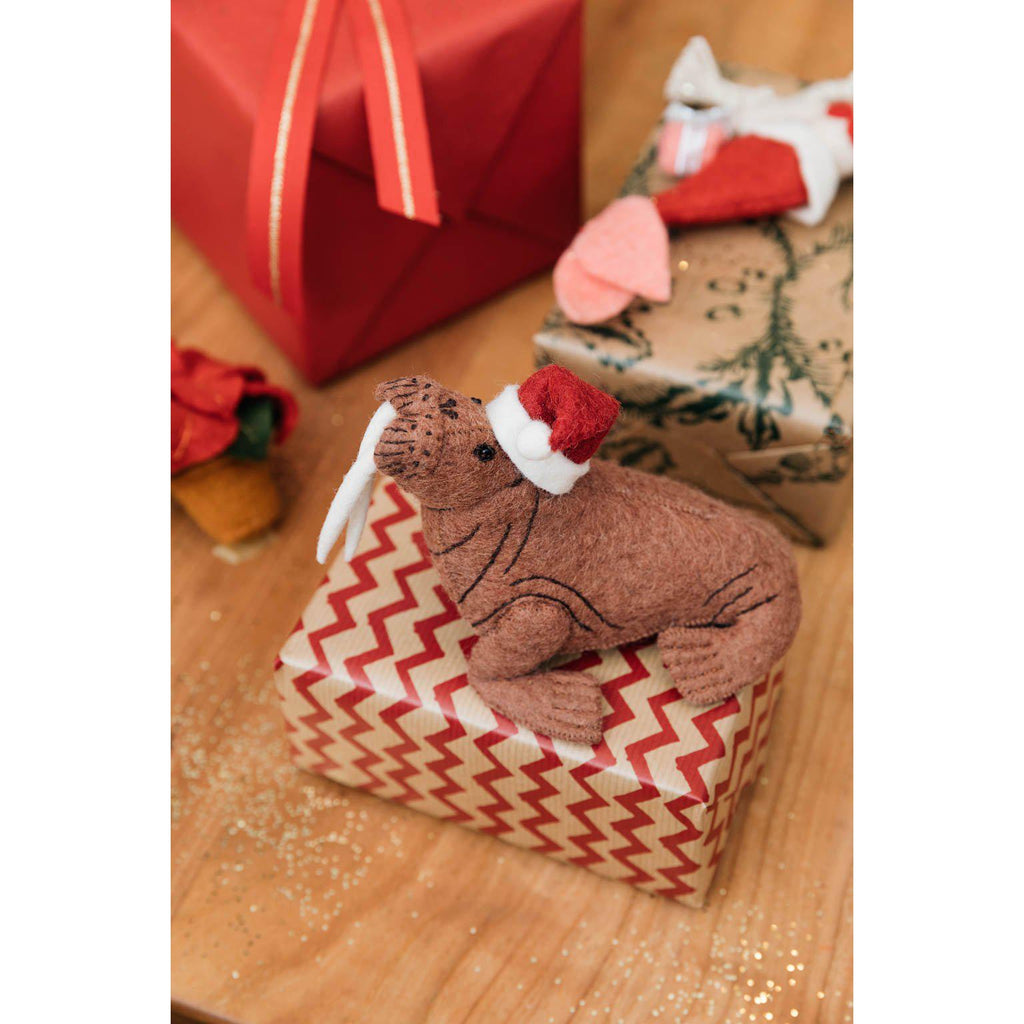 Hand Felted Brown Walrus with Red Santa Hat Ornament – Craftspring