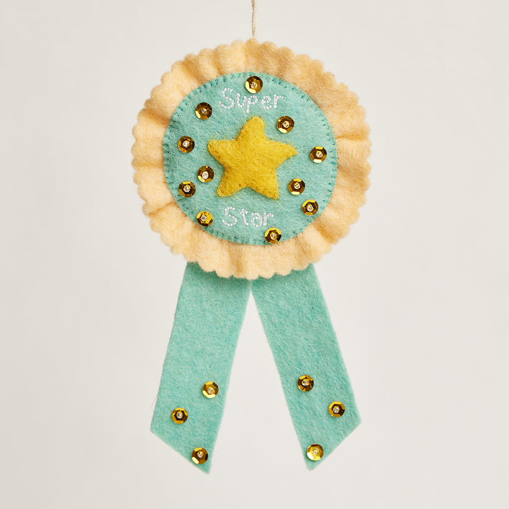 Hand Felted Turquoise and Yellow Super Star Ribbon Badge – Craftspring